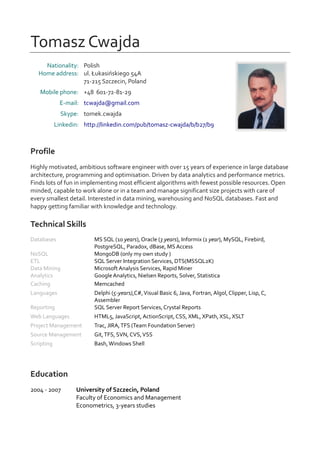 tomasz_cwajda_CV_eng | PDF | Databases | Computer Software and Applications
