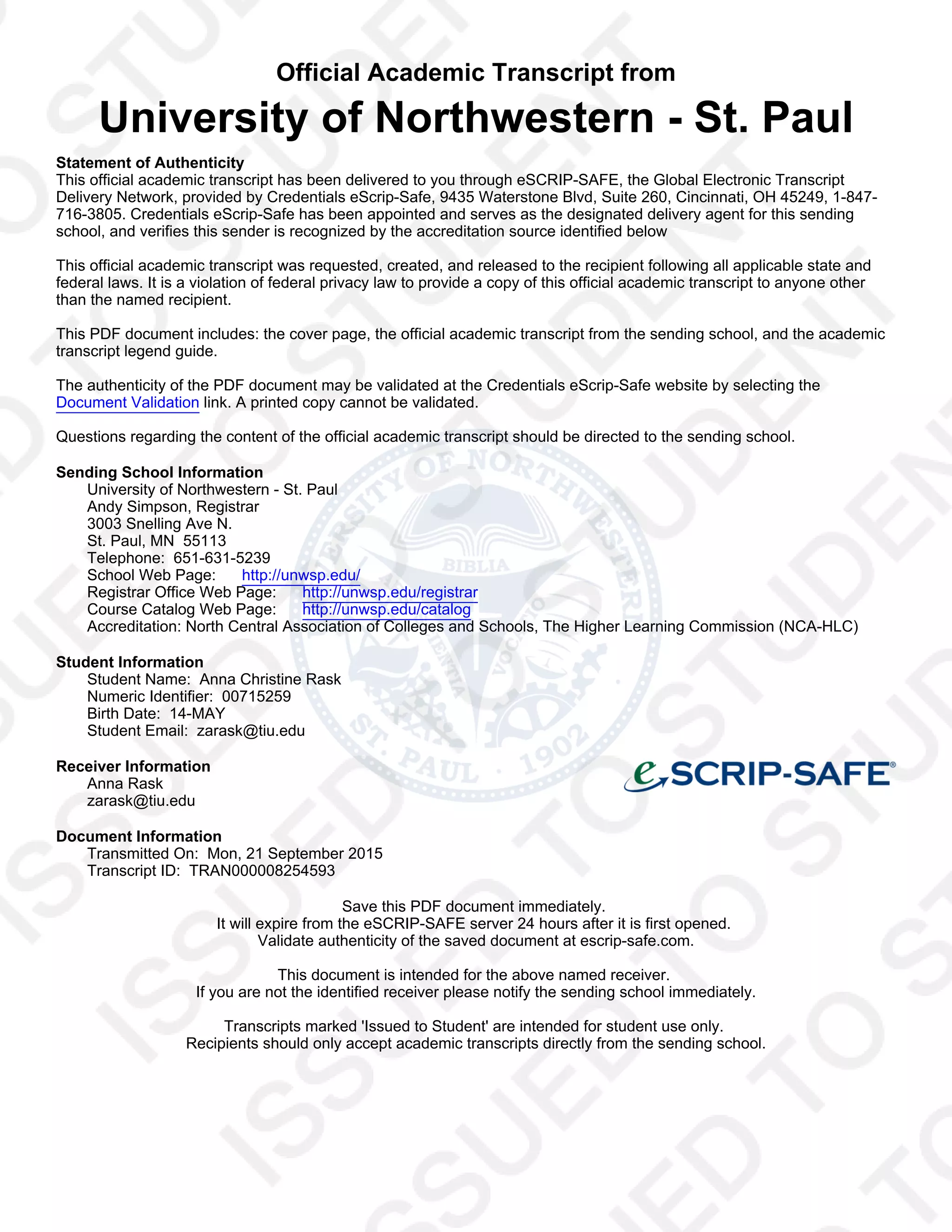 AnnaRaskUNWSPOfficialTranscript | PDF