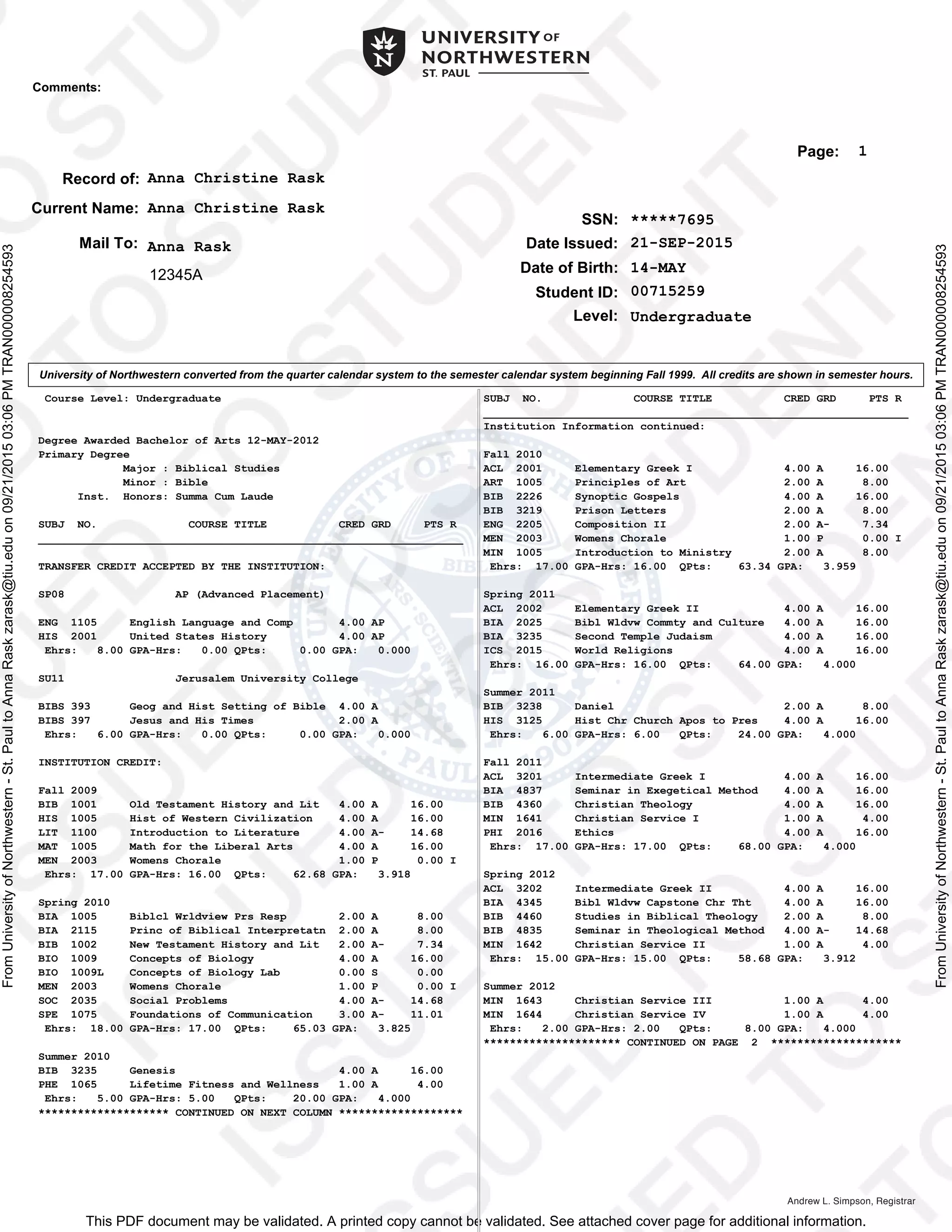 AnnaRaskUNWSPOfficialTranscript | PDF | Undergraduate Education ...