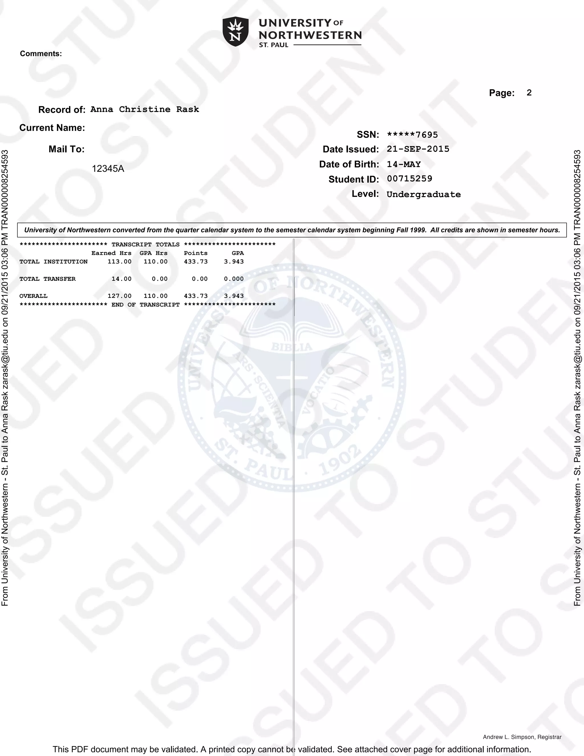 AnnaRaskUNWSPOfficialTranscript | PDF | Undergraduate Education ...