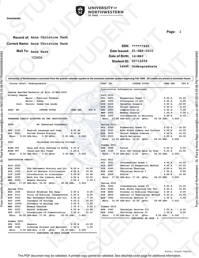 AnnaRaskUNWSPOfficialTranscript | PDF | Undergraduate Education ...