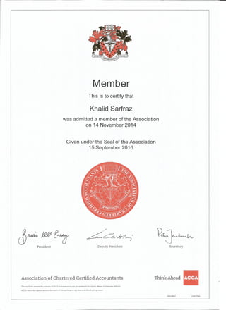 ACCA Membership Certificate - Khalid Sarfraz | PDF