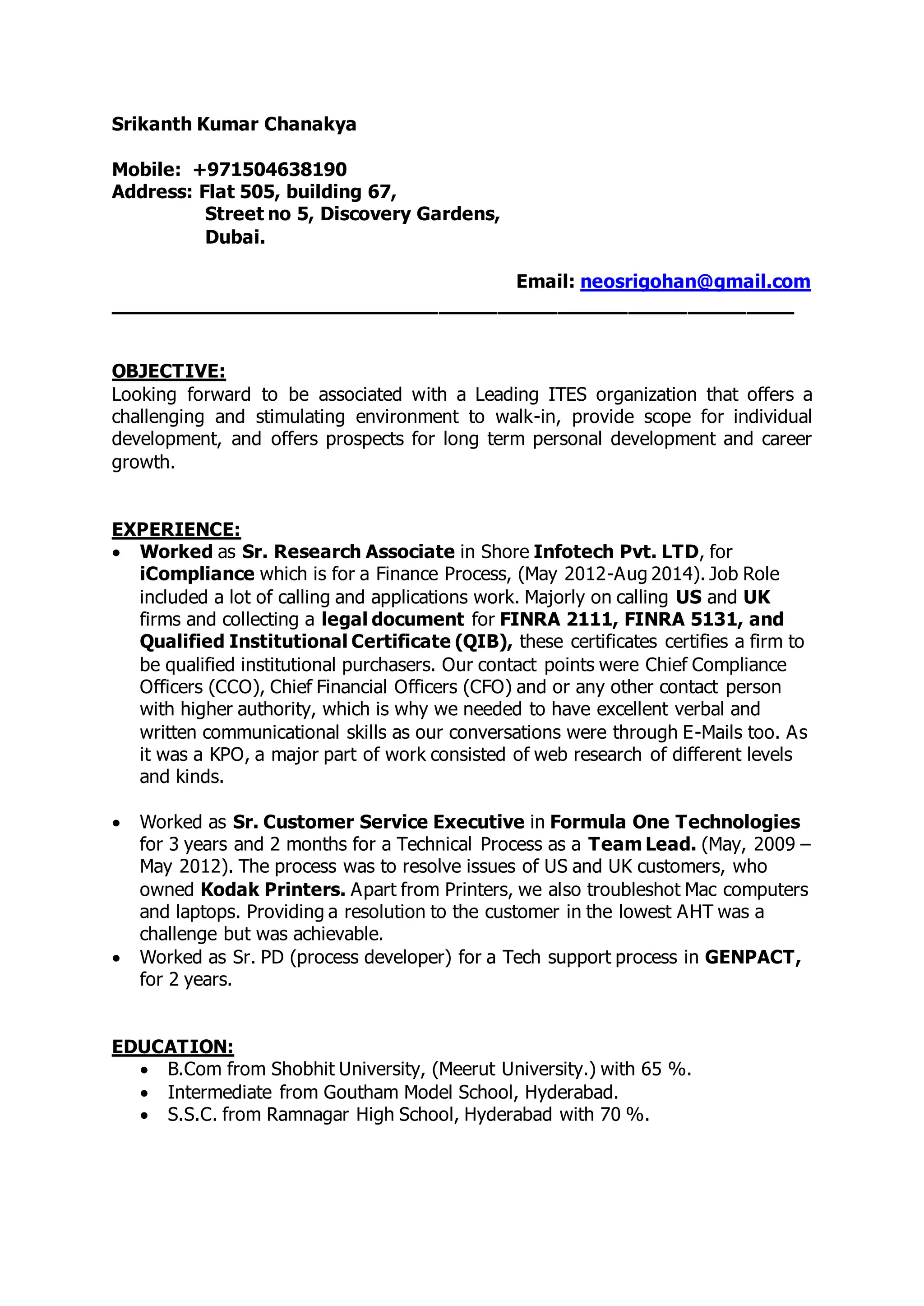 Srikanth Kumar Chanakya (Dubai) | DOCX | Business | Business and Finance