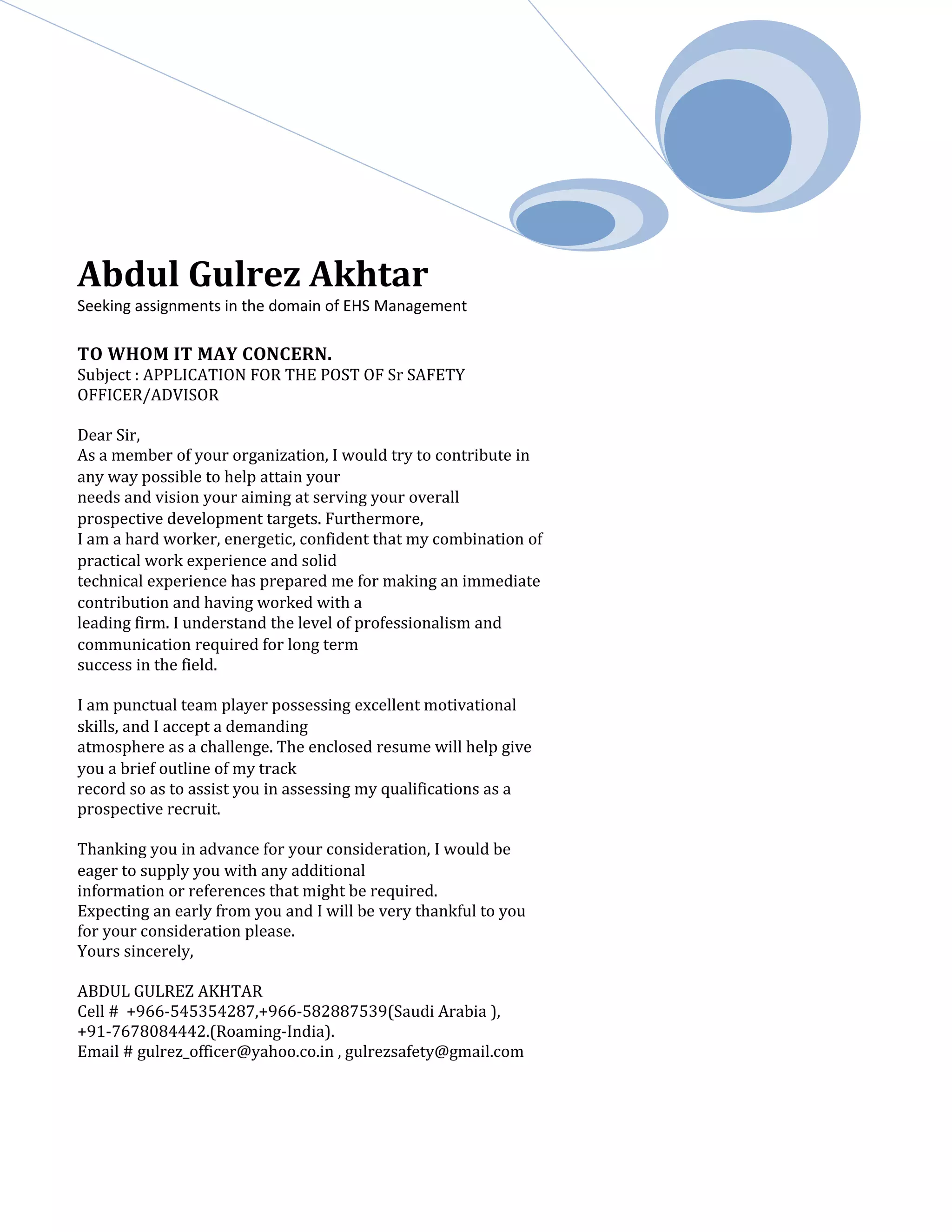 HSE ABDUL GULREZ AKHTAR CV | DOC