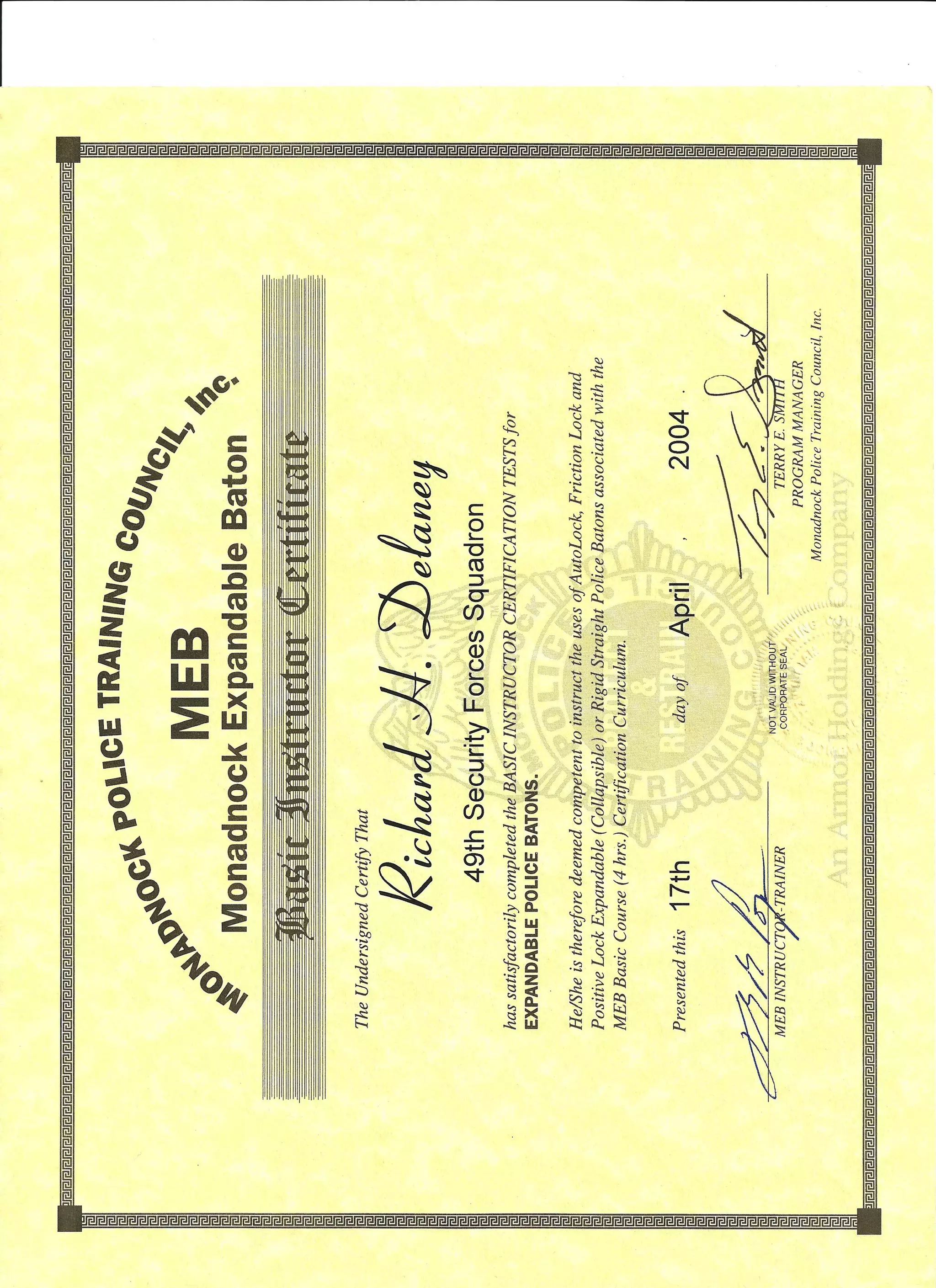 Monadnock Expandable Baton Cert | PDF