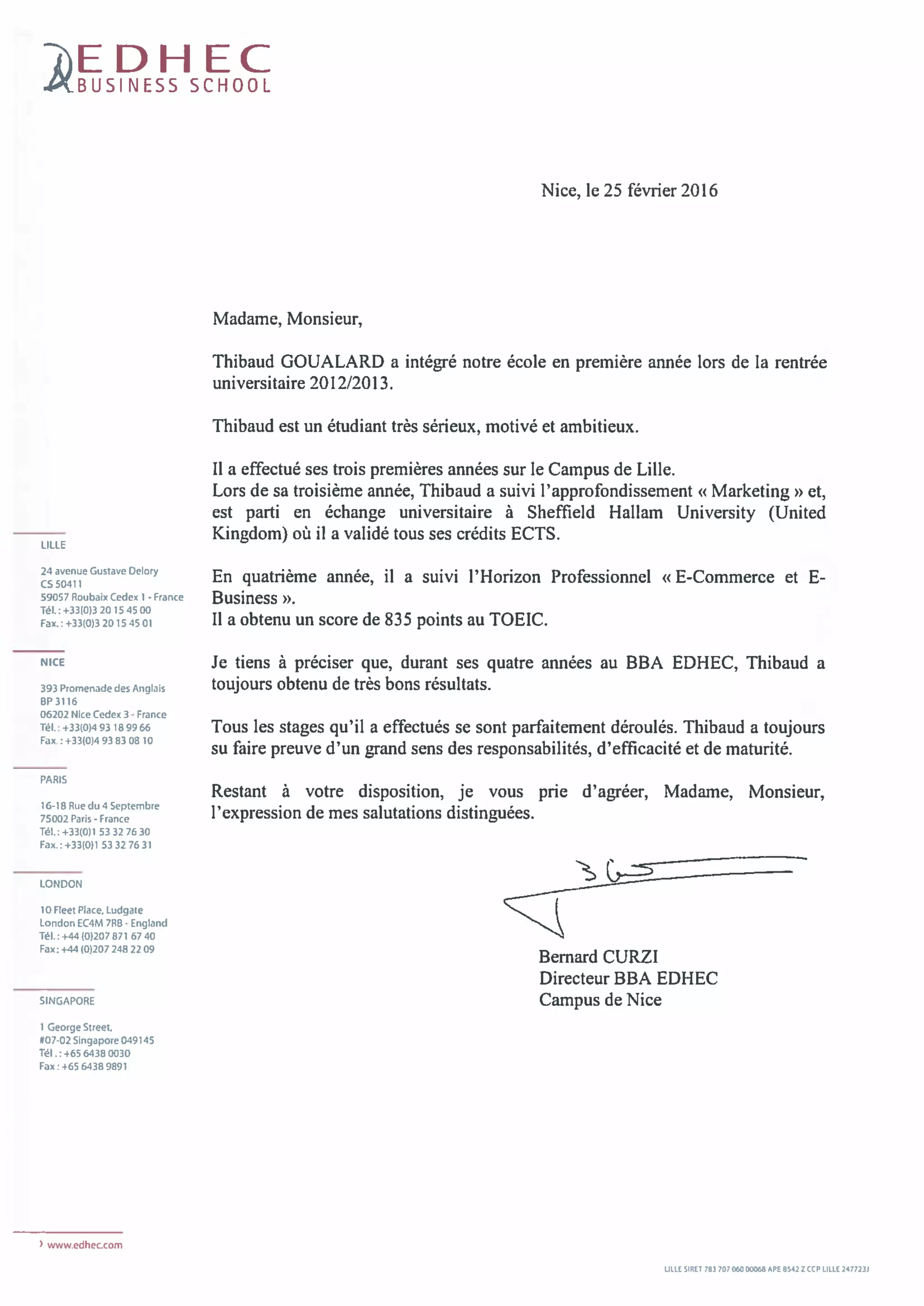 Recommendation letter - Bernard Curzi | PDF