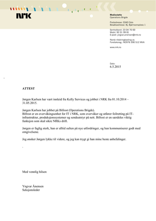 Attest fra NRK (IT Operations Engineer) | PDF
