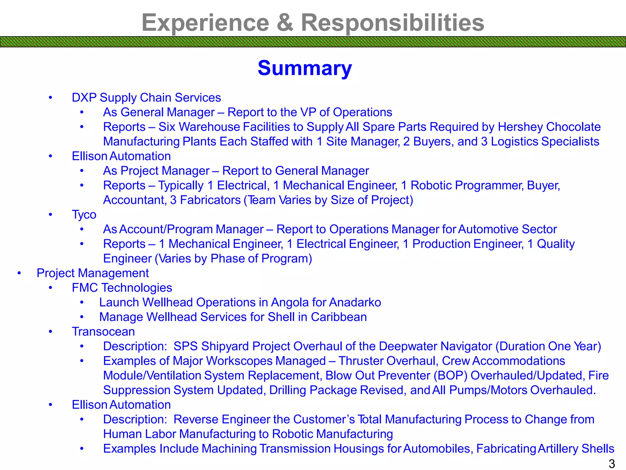 Overview of Experience Presentation | PPT