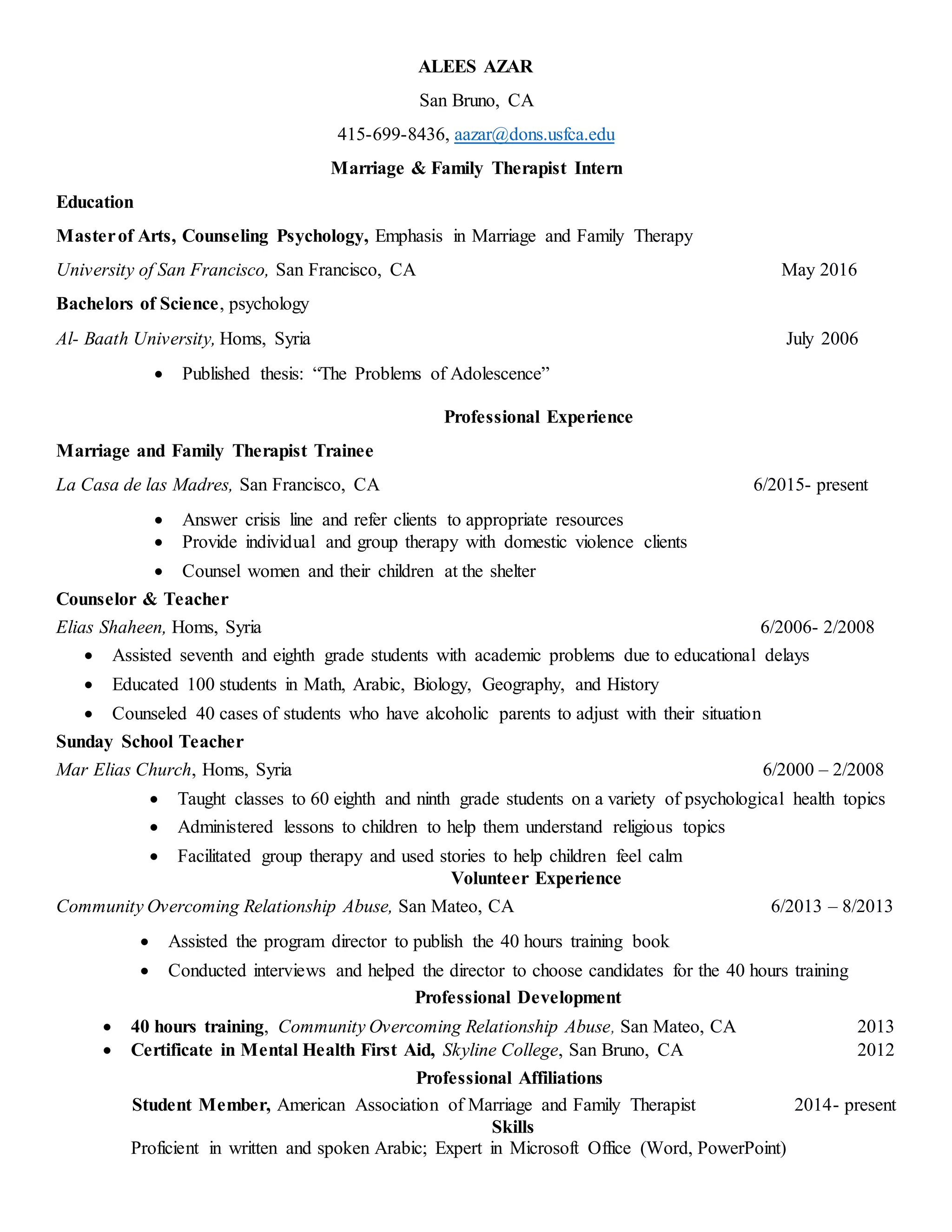 Alees Azar's resume 1 | DOCX