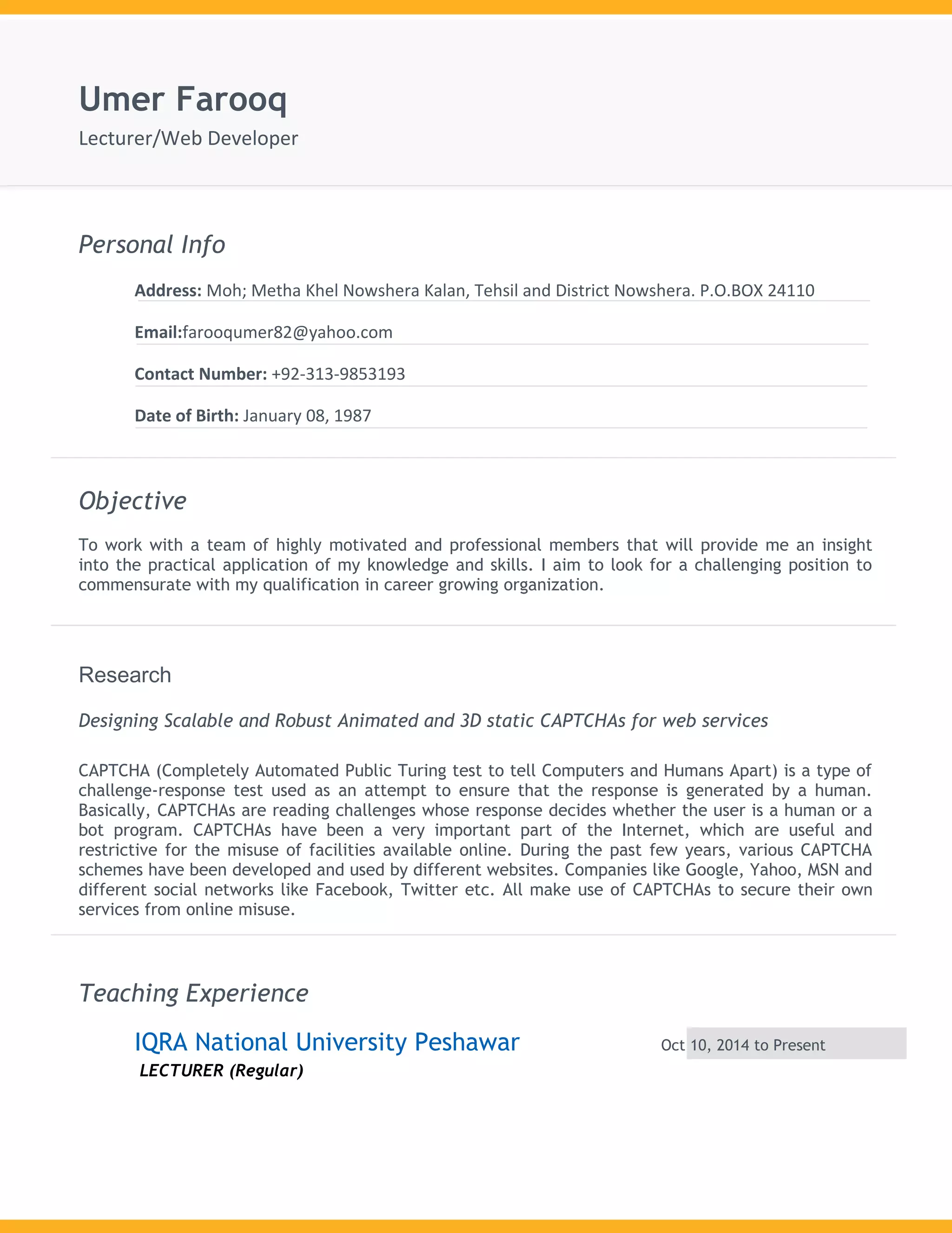 Umer Farooq CV | DOC | Programming Languages | Computing