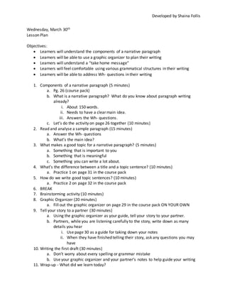 Narrative Paragraph Lesson Plan | DOCX