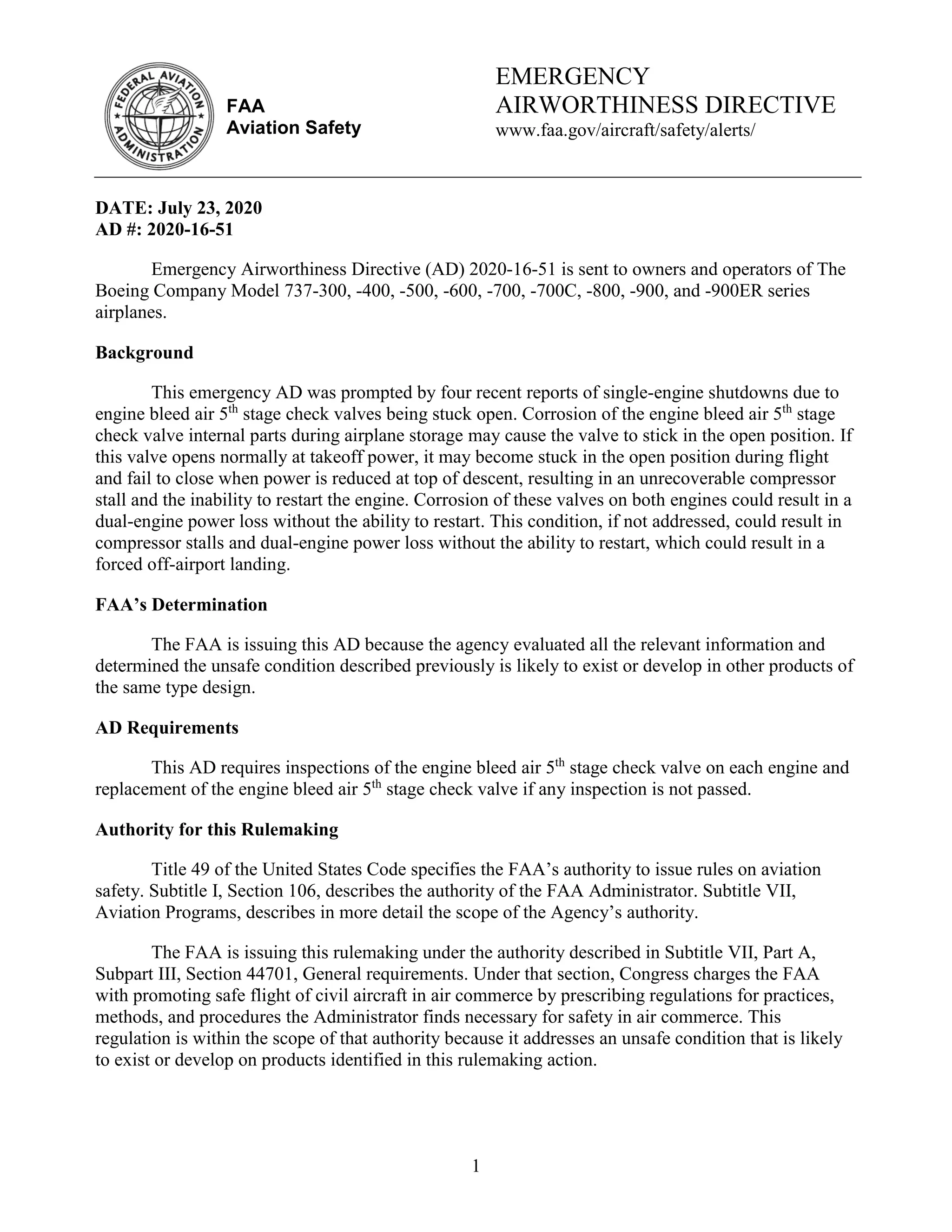 FAA - EMERGENCY AIRWORTHINESS DIRECTIVE (B737 Classic & NG) | PDF
