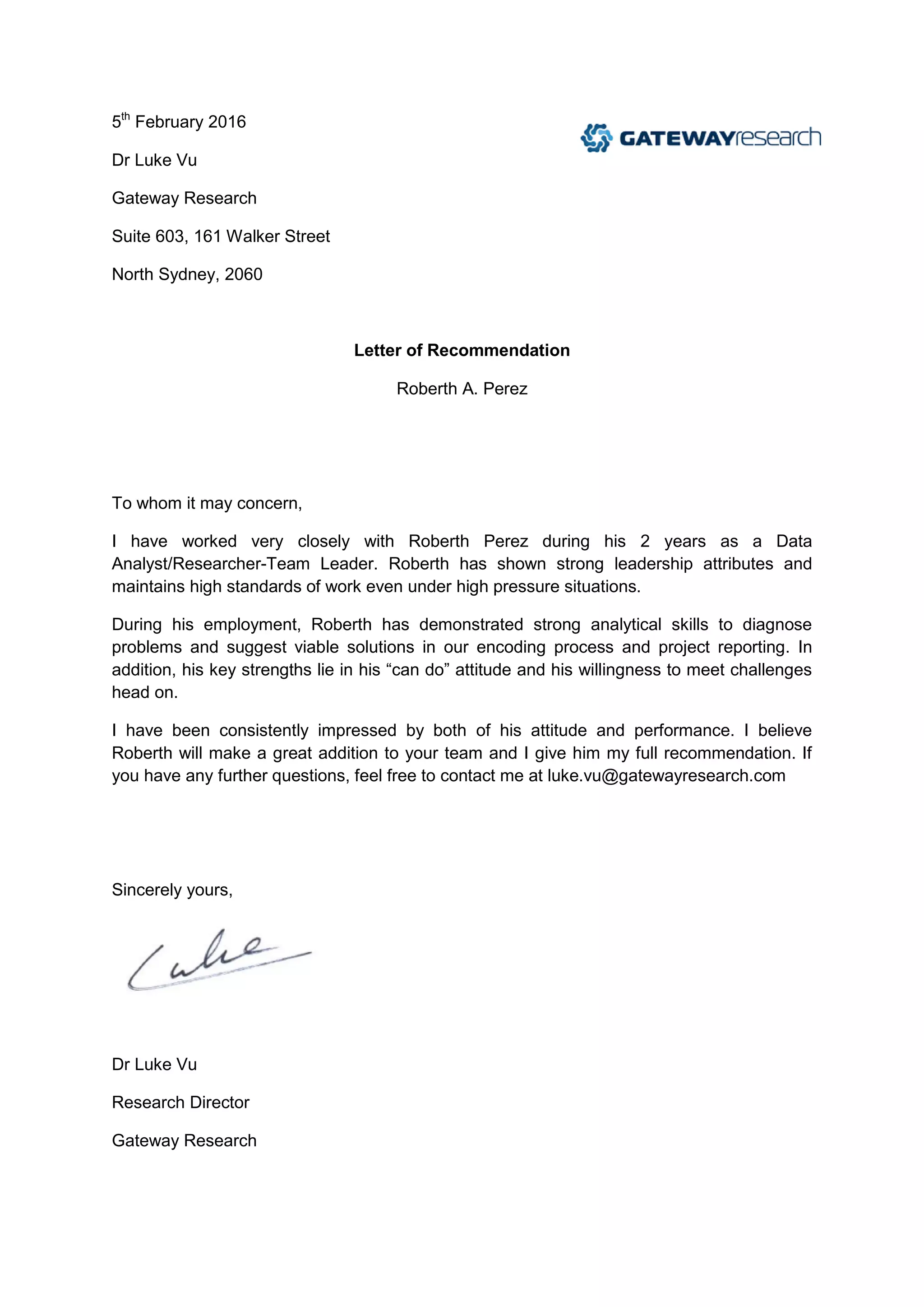 Roberth Perez Endorsement Letter 2016 | PDF