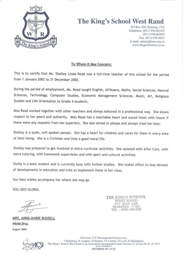 King's school reference letter