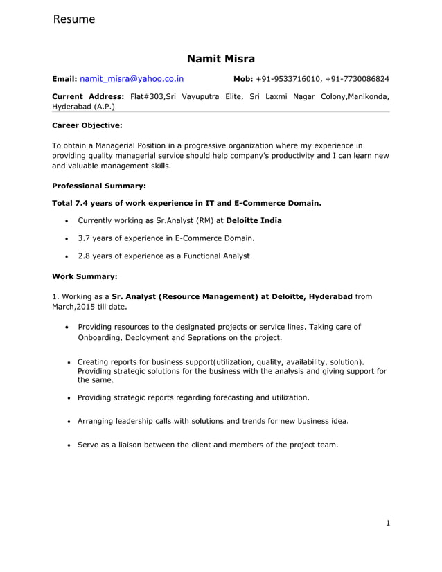 Namit Misra resume | DOC | Business Administration | Business