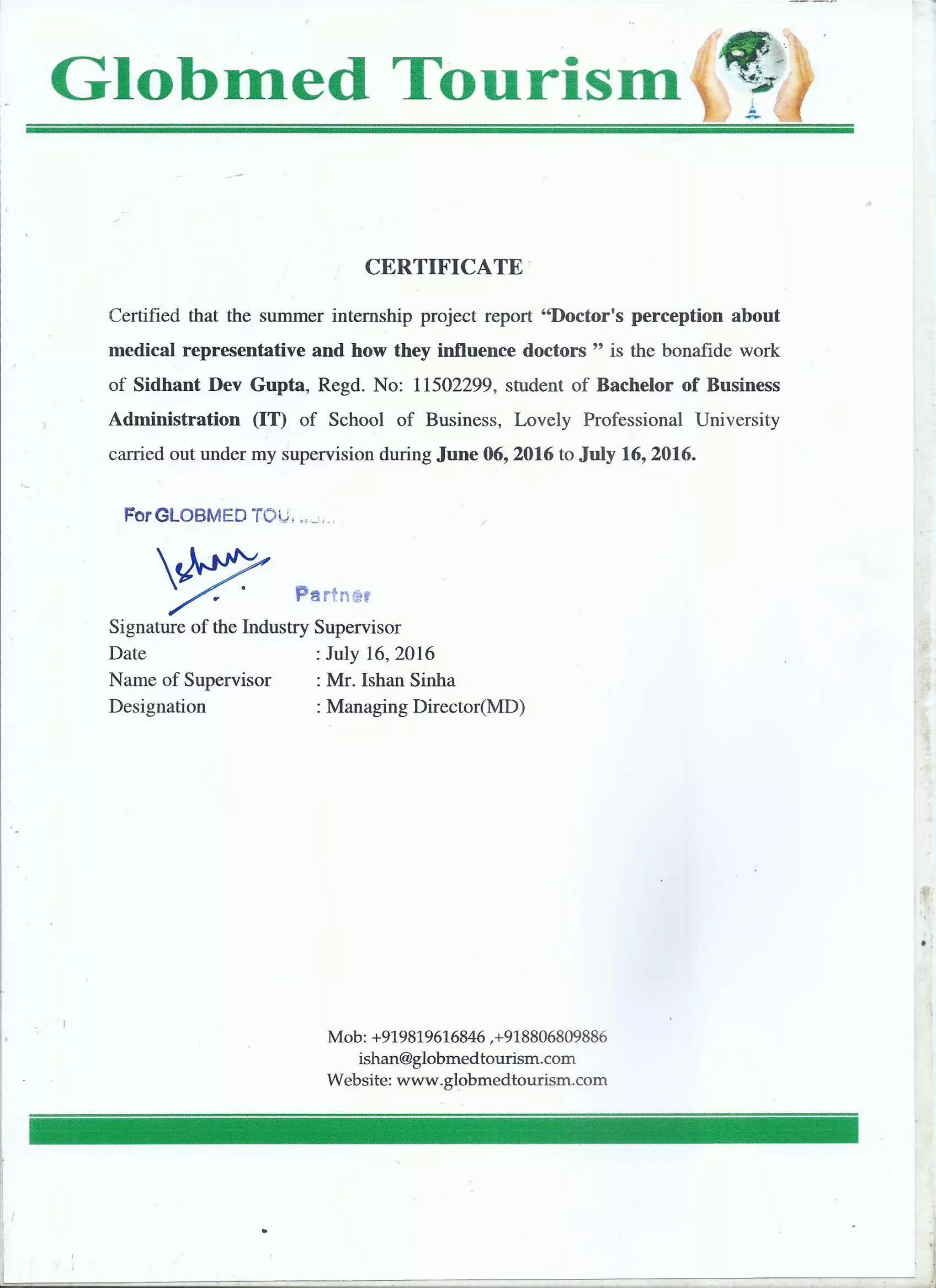 Globemed Tourism certificate | PDF