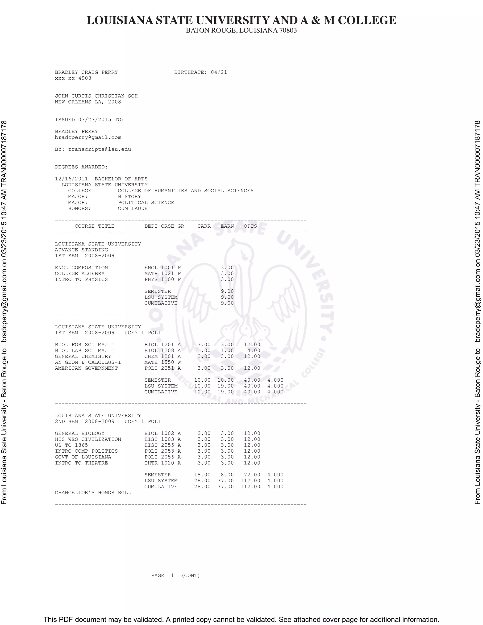 LSU Undergraduate Transcript | PDF