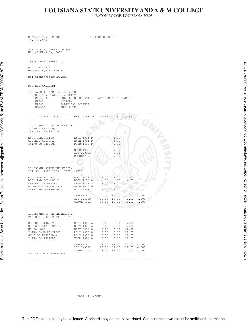 LSU Undergraduate Transcript