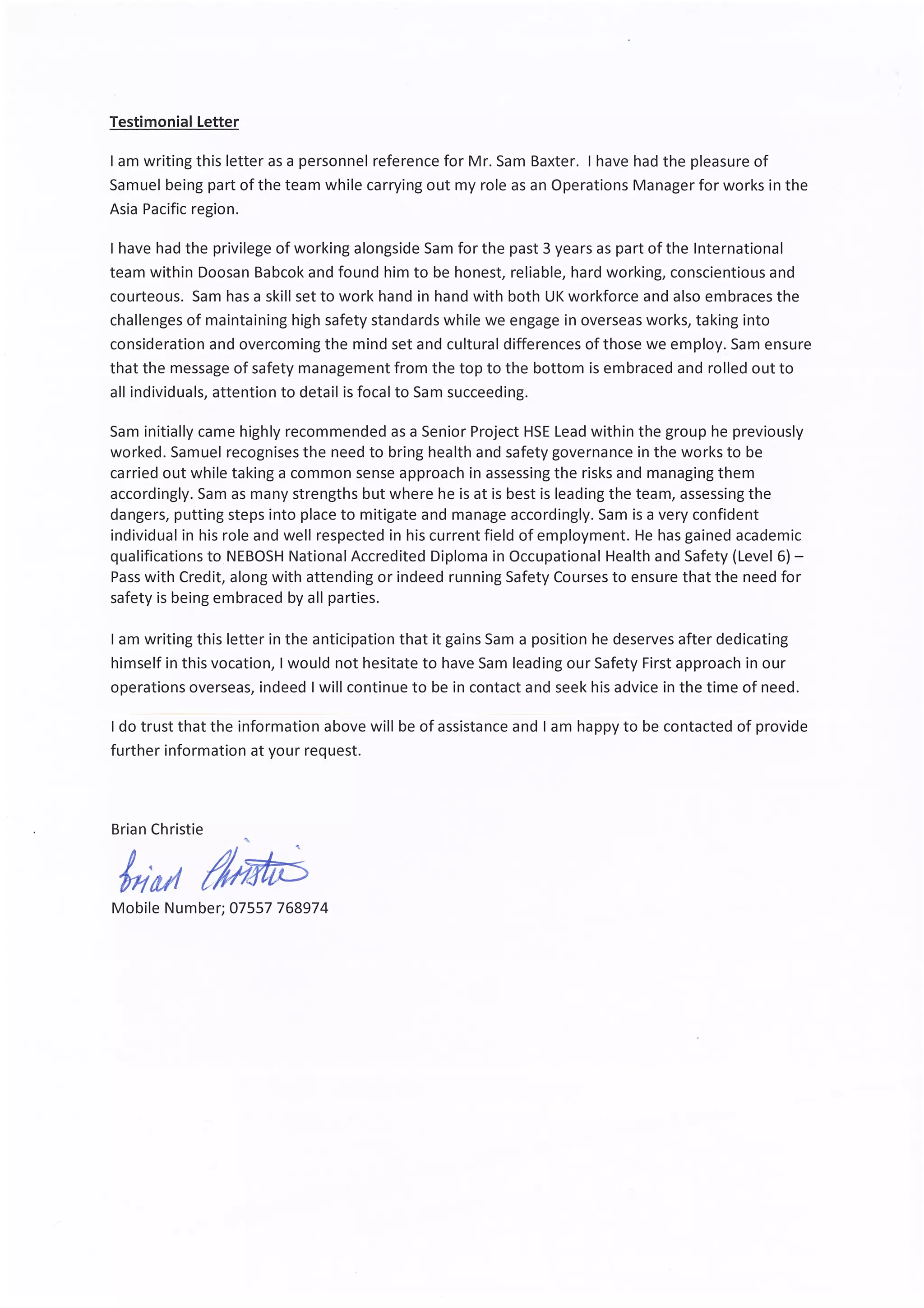 Testimonial Letter from Brian Chrisite | PDF