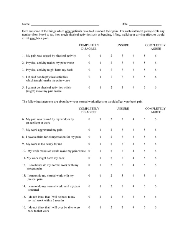 Fear Avoidance Beliefs Questionnaire | PDF