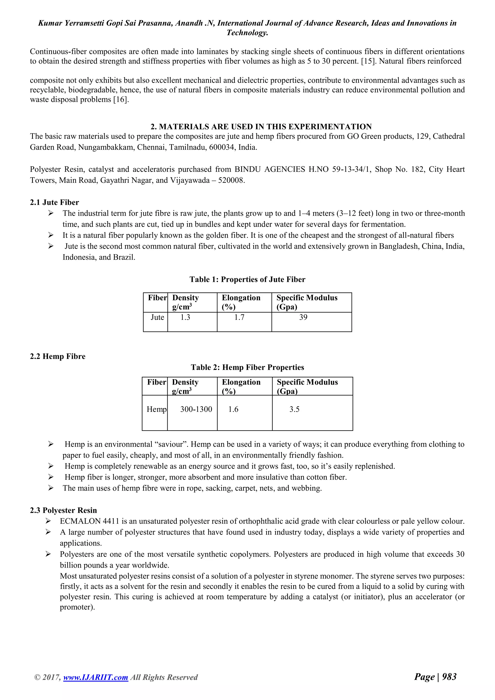 Fabrication and analysis of jute hemp reinforced fiber | PDF