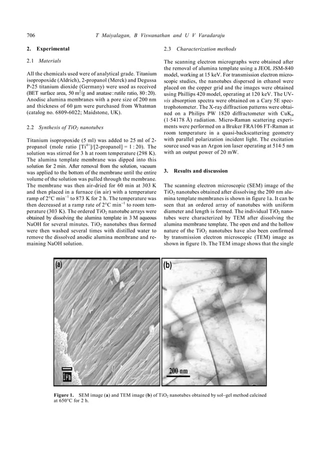 Maiyalagan, Fabrication and characterization of uniform ti o2 nanotube arrays by sol gel ...