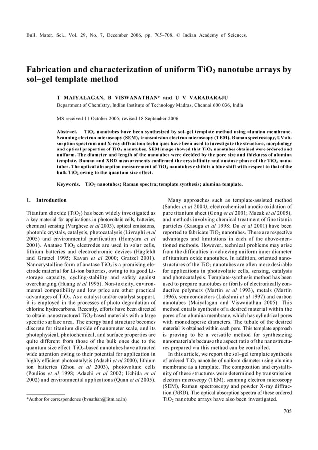Fabrication And Characterization Of Uniform Ti O2 Nanotube Arrays By