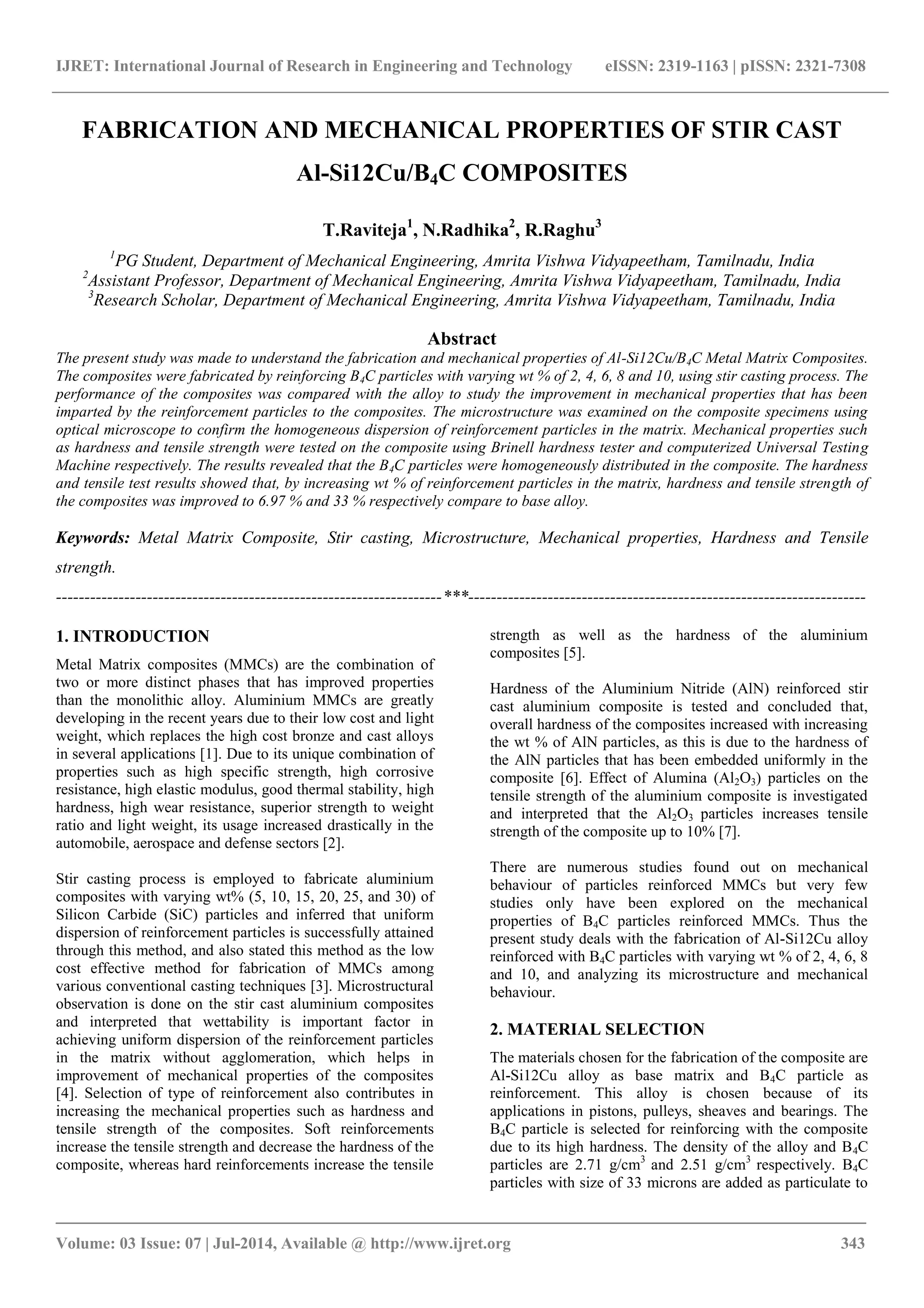 Fabrication and mechanical properties of stir cast al si12 cub4c ...