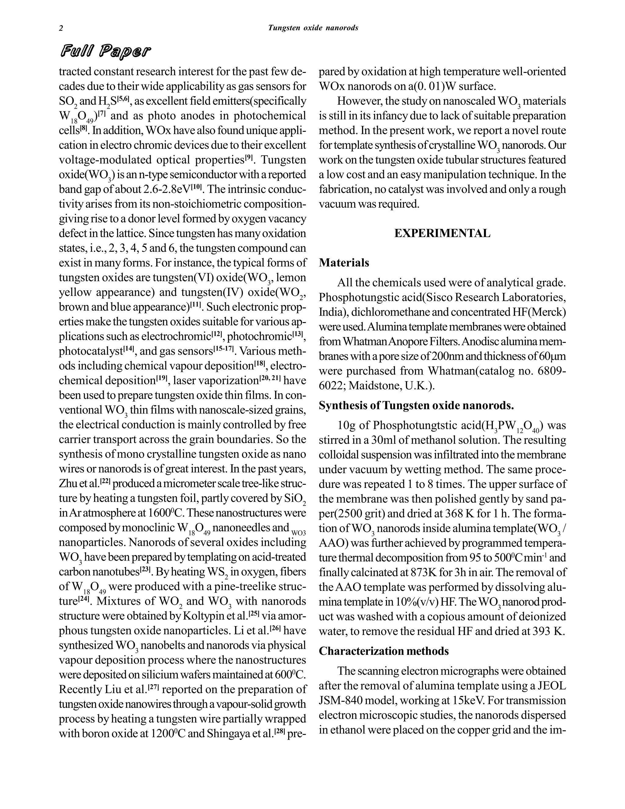 Fabrication, morphology and structural characterization of tungsten ...