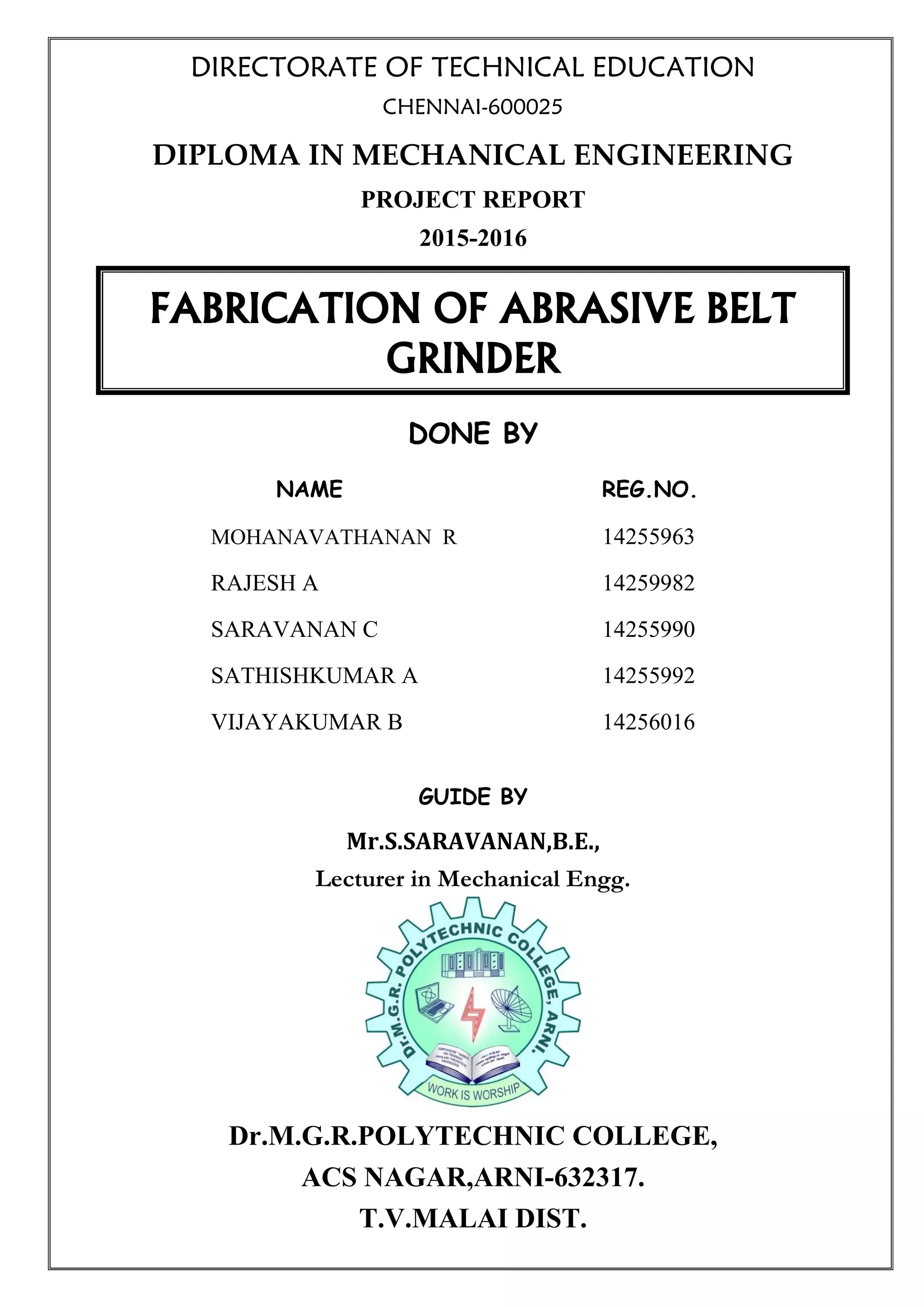 Fabrication of abrasive belt grinder saravanan | PDF
