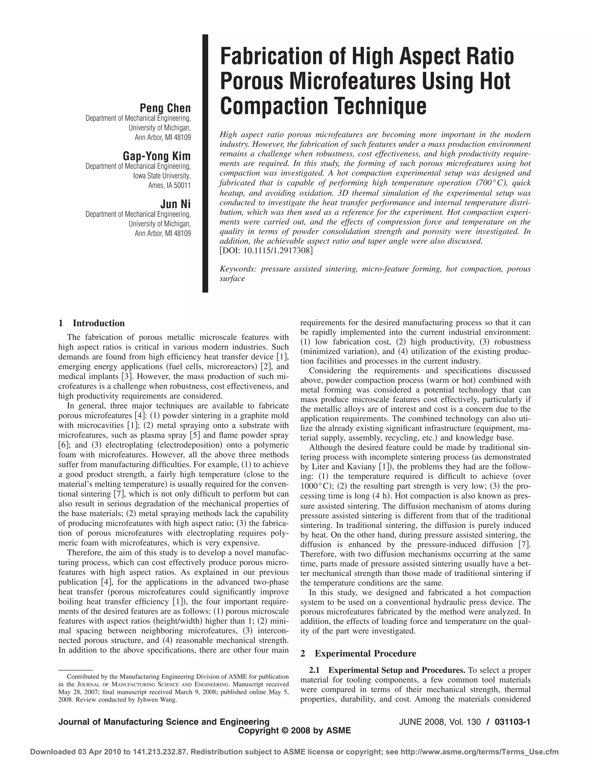Fabrication Of High Aspect Ratio Porous Microfeatures Using Hot Compaction Technique Pdf
