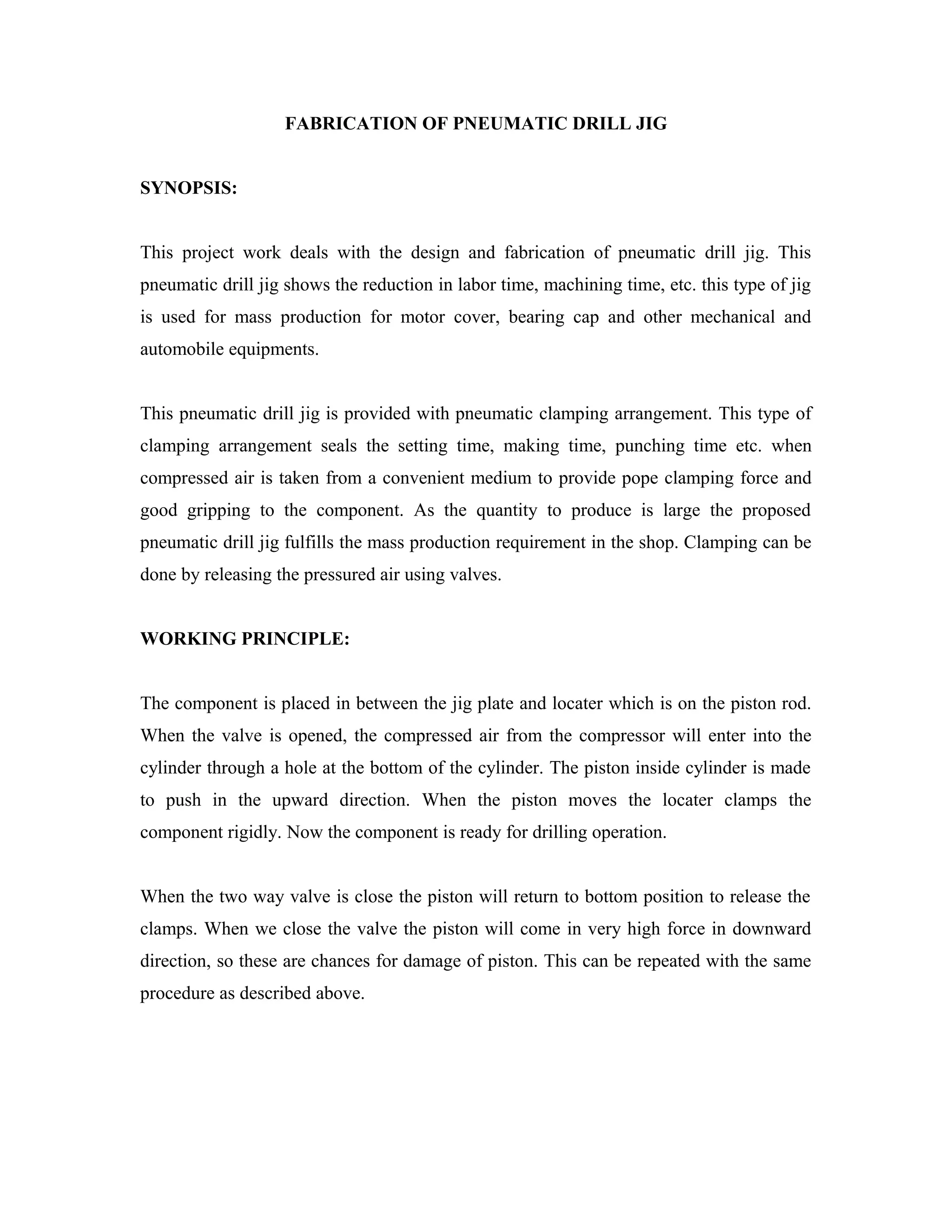 Fabrication of pneumatic drill jig | DOC