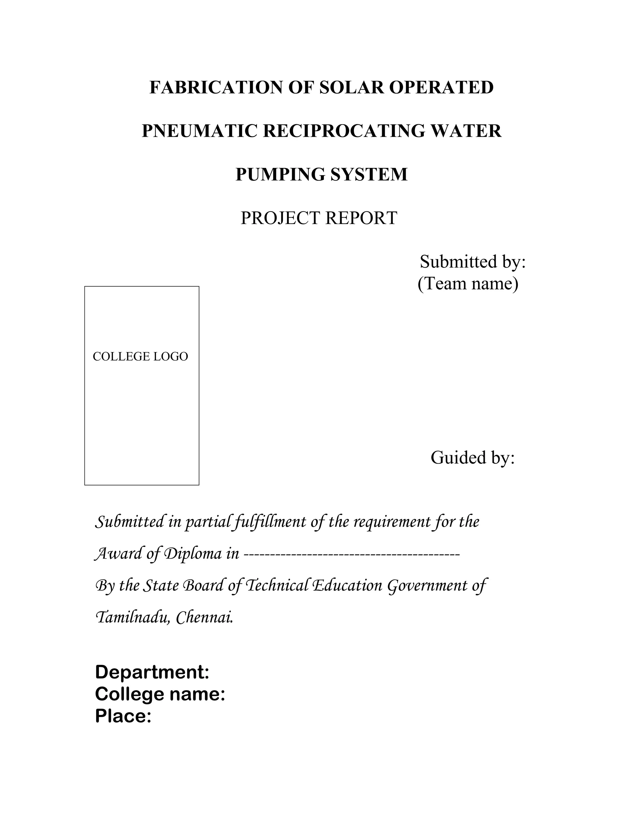 Fabrication of solar operated pneumatic reciprocating water pumping ...