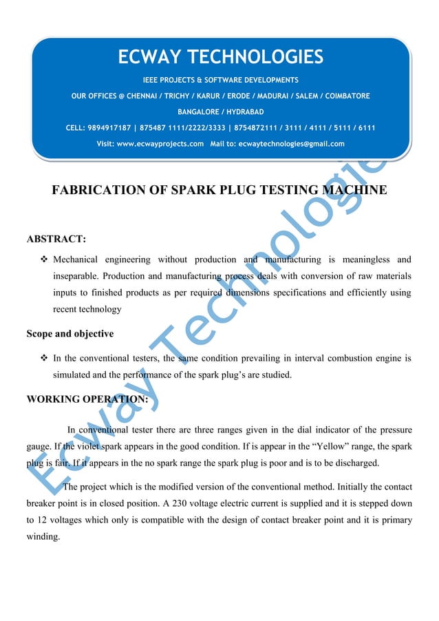 Fabrication of spark plug testing machine | DOCX