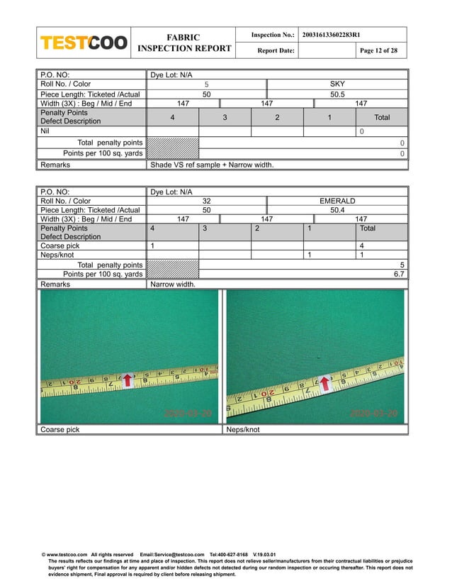 fabric inspection sample report.pdf | Needlework | Arts and Crafts