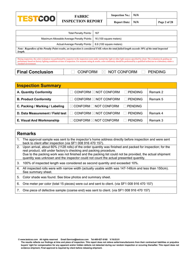 fabric inspection sample report.pdf | Needlework | Arts and Crafts