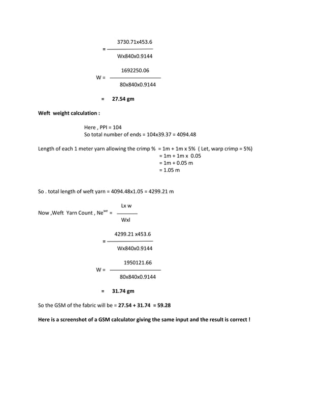 Fabric weight calculation in GSM | PDF