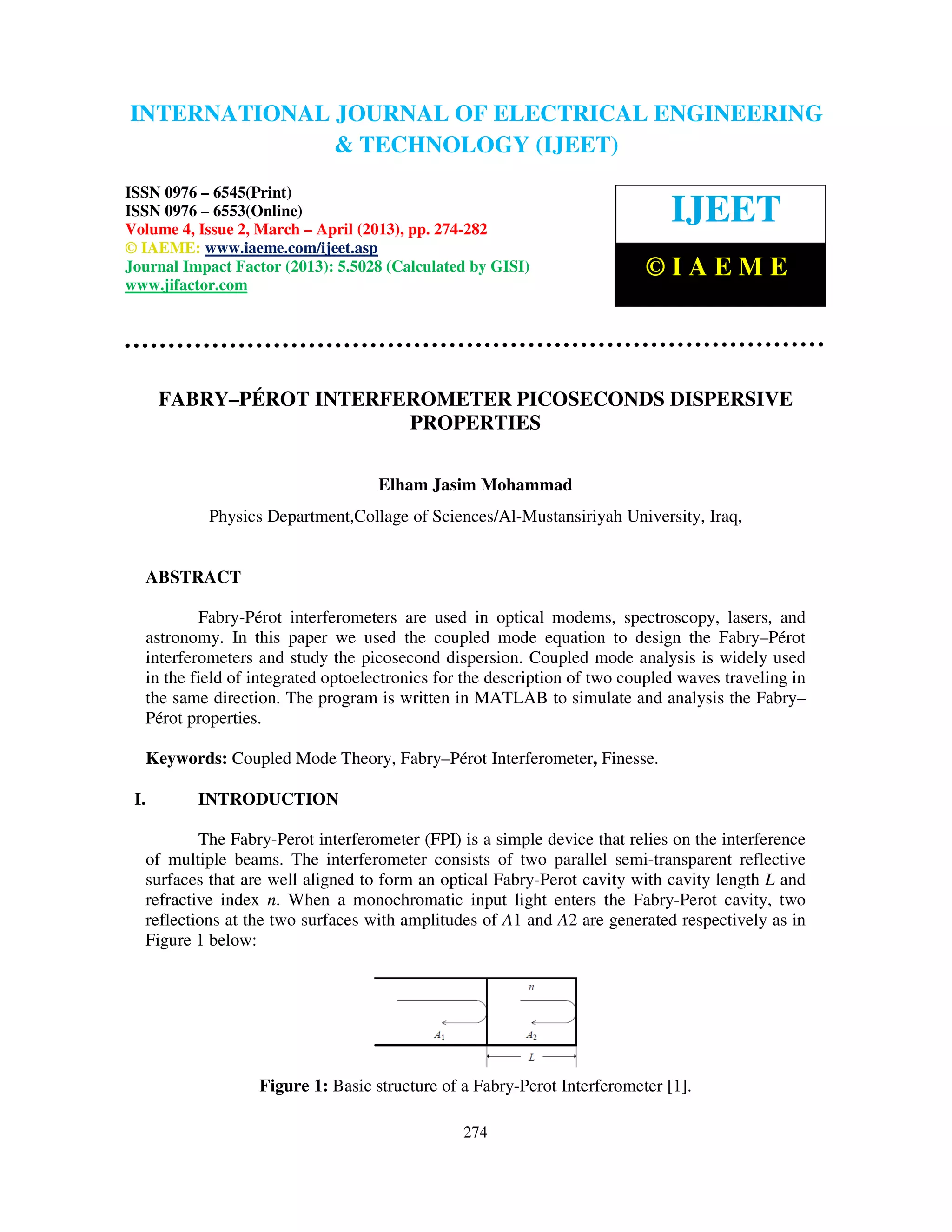Fabry–pérot interferometer picoseconds dispersive properties | PDF
