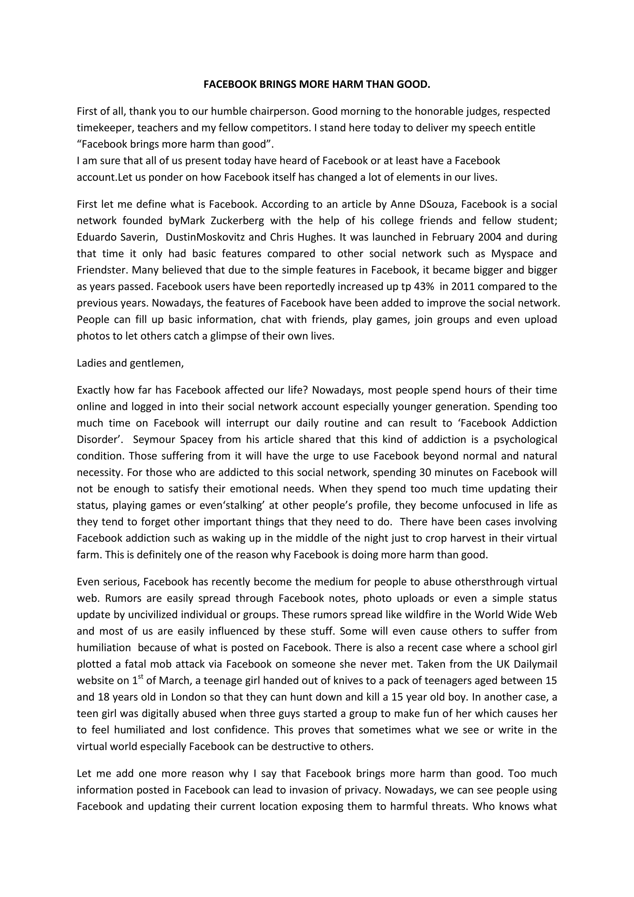 Facebook brings more harm than good | DOCX