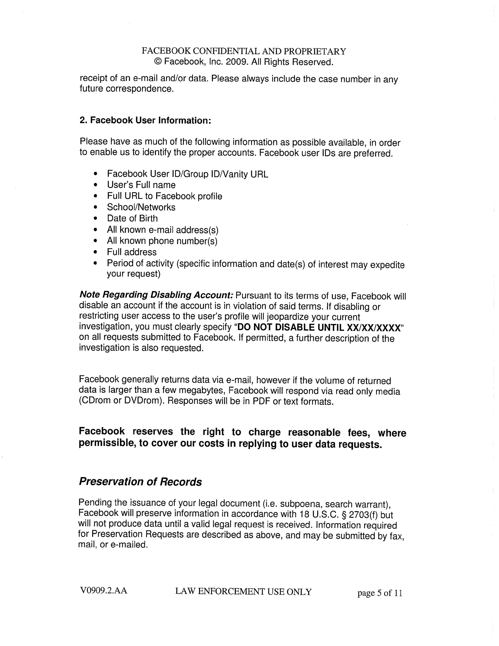 Facebook law enforcement guidelines released | PDF