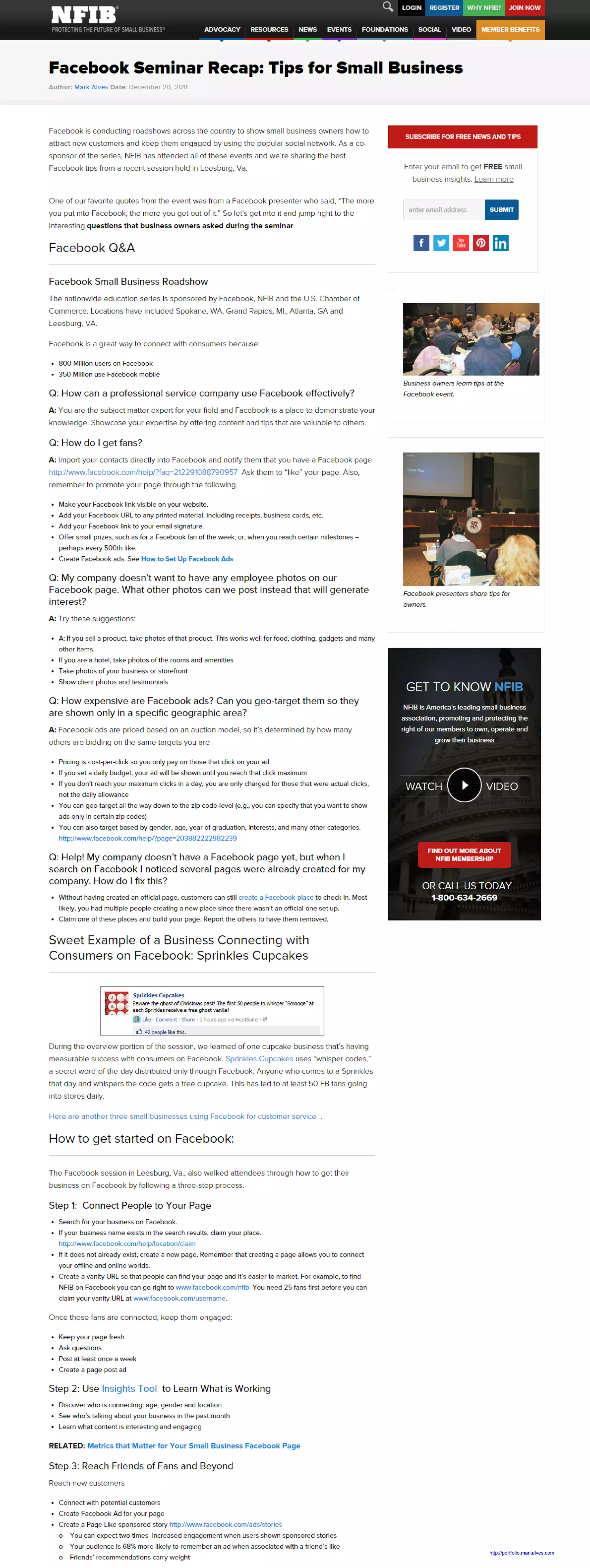 Facebook Seminar Recap | Writing Sample by Mark Alves | PDF