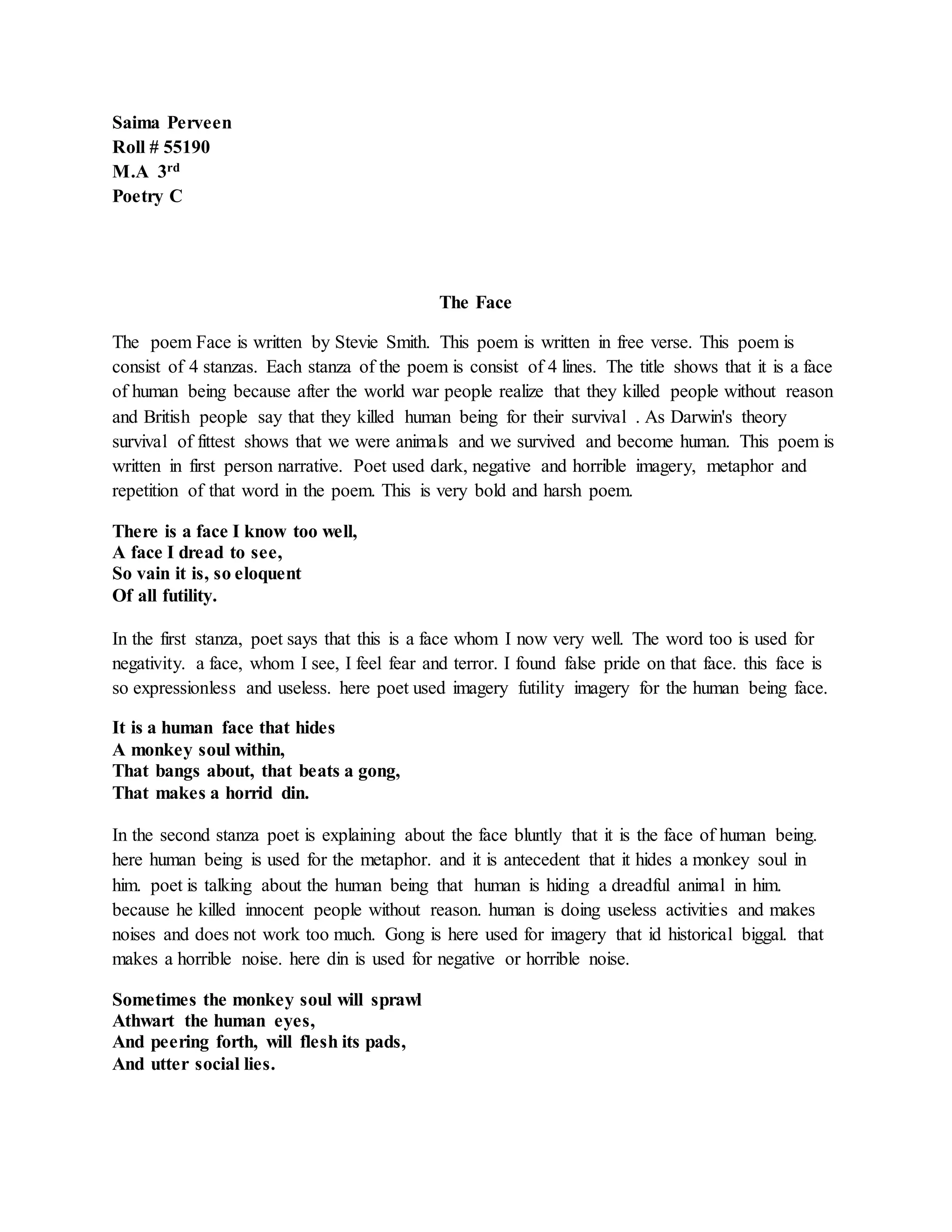 Face poem by stevie smith | PDF