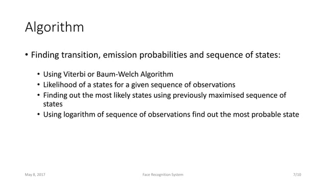 Face recognition system using Hidden Markov Model | PPT