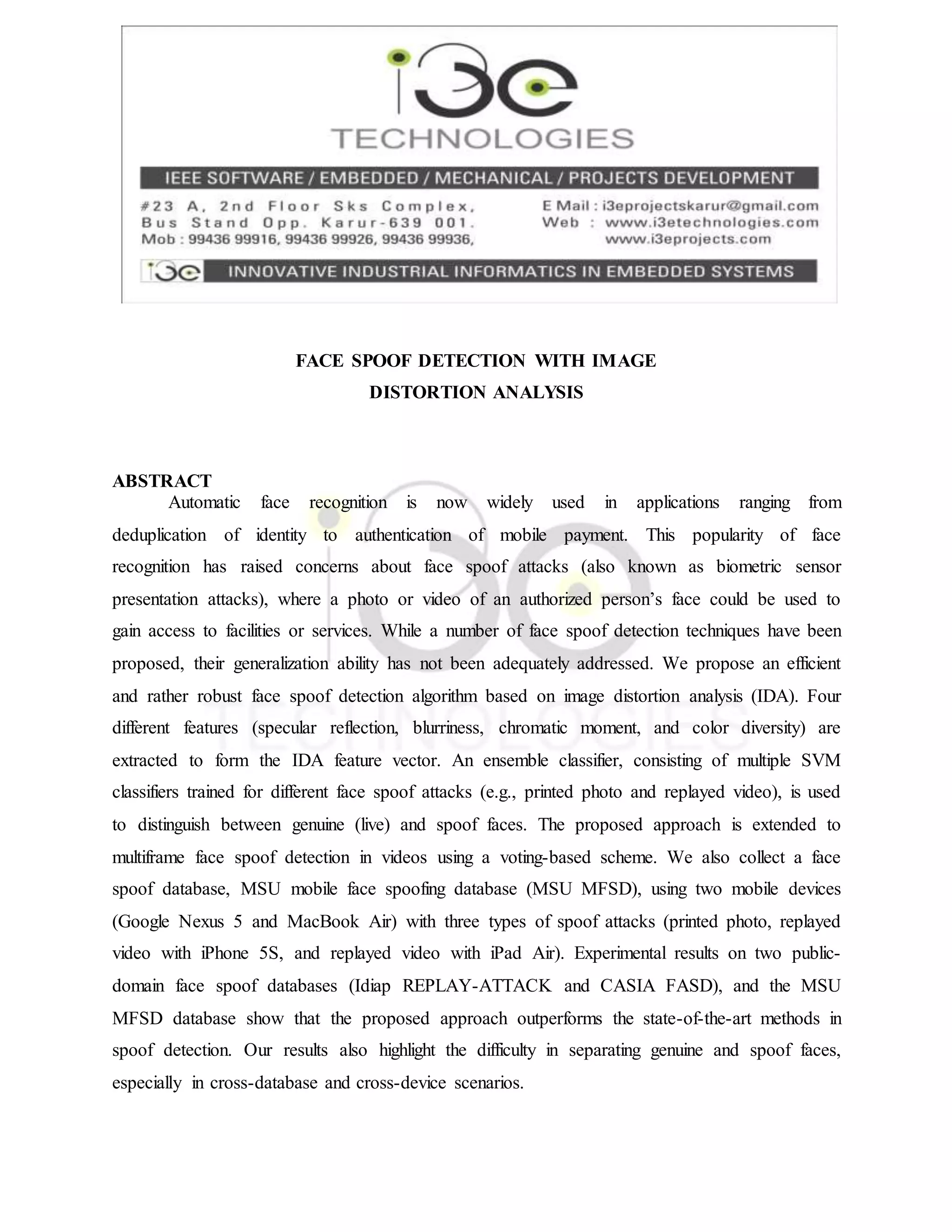 FACE SPOOF DETECTION WITH IMAGE DISTORTION ANALYSIS | PDF