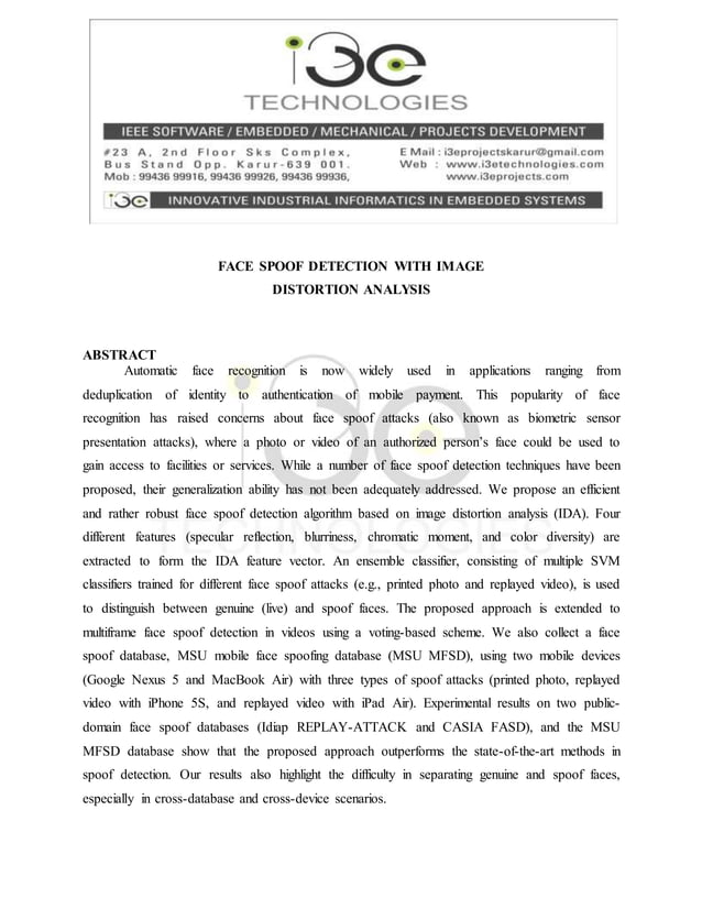 FACE SPOOF DETECTION WITH IMAGE DISTORTION ANALYSIS | PDF