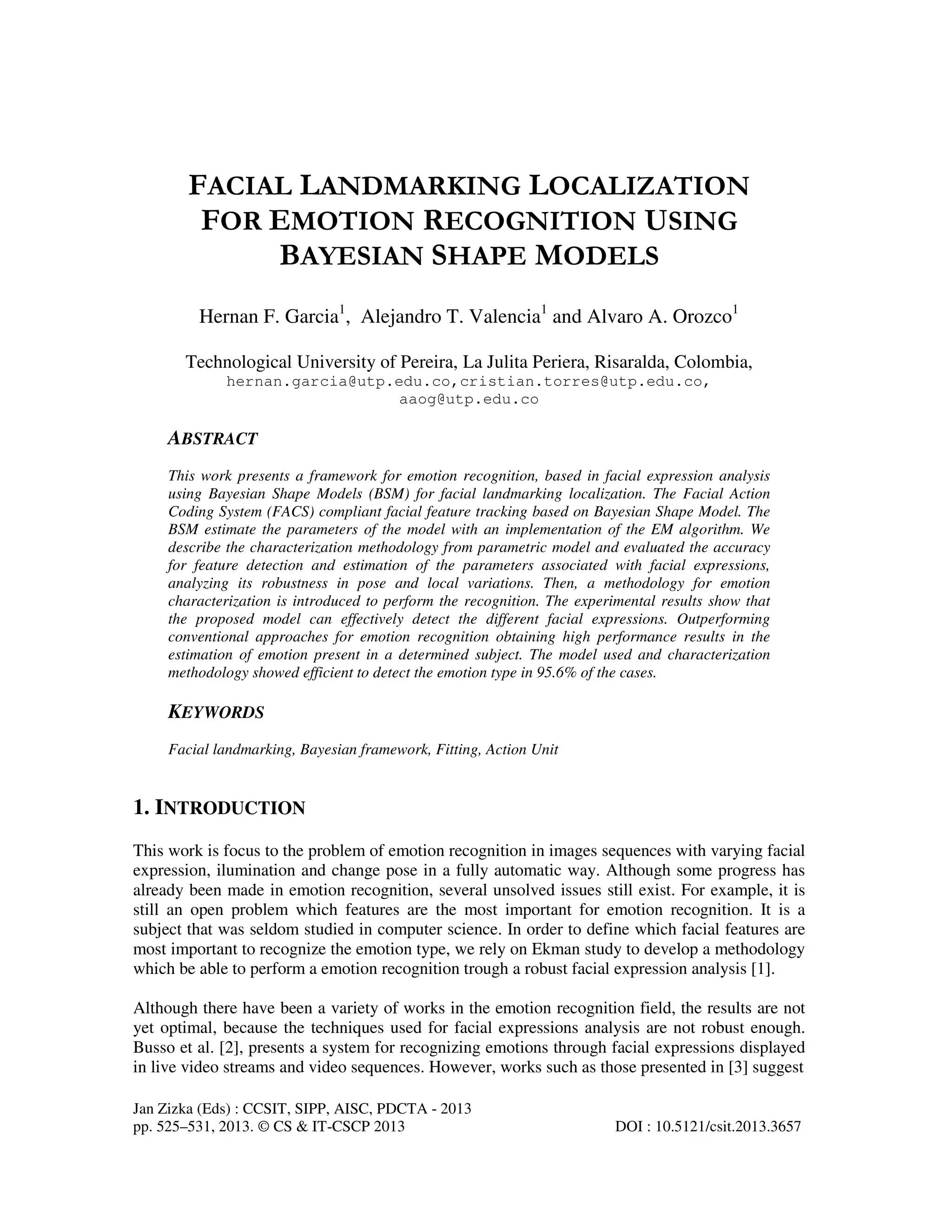 Facial landmarking localization for emotion recognition using bayesian shape models | PDF