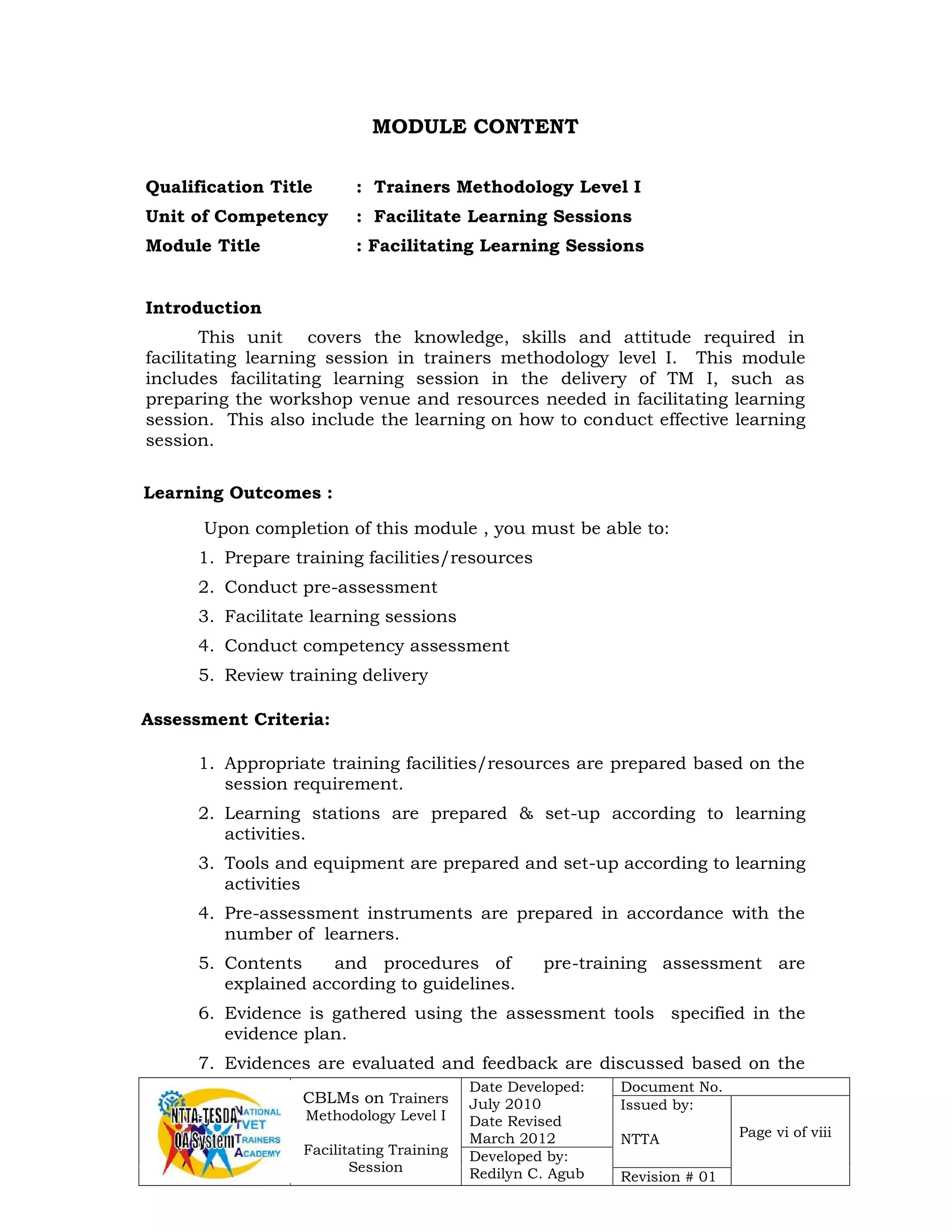 Facilitate learning sessions | PDF