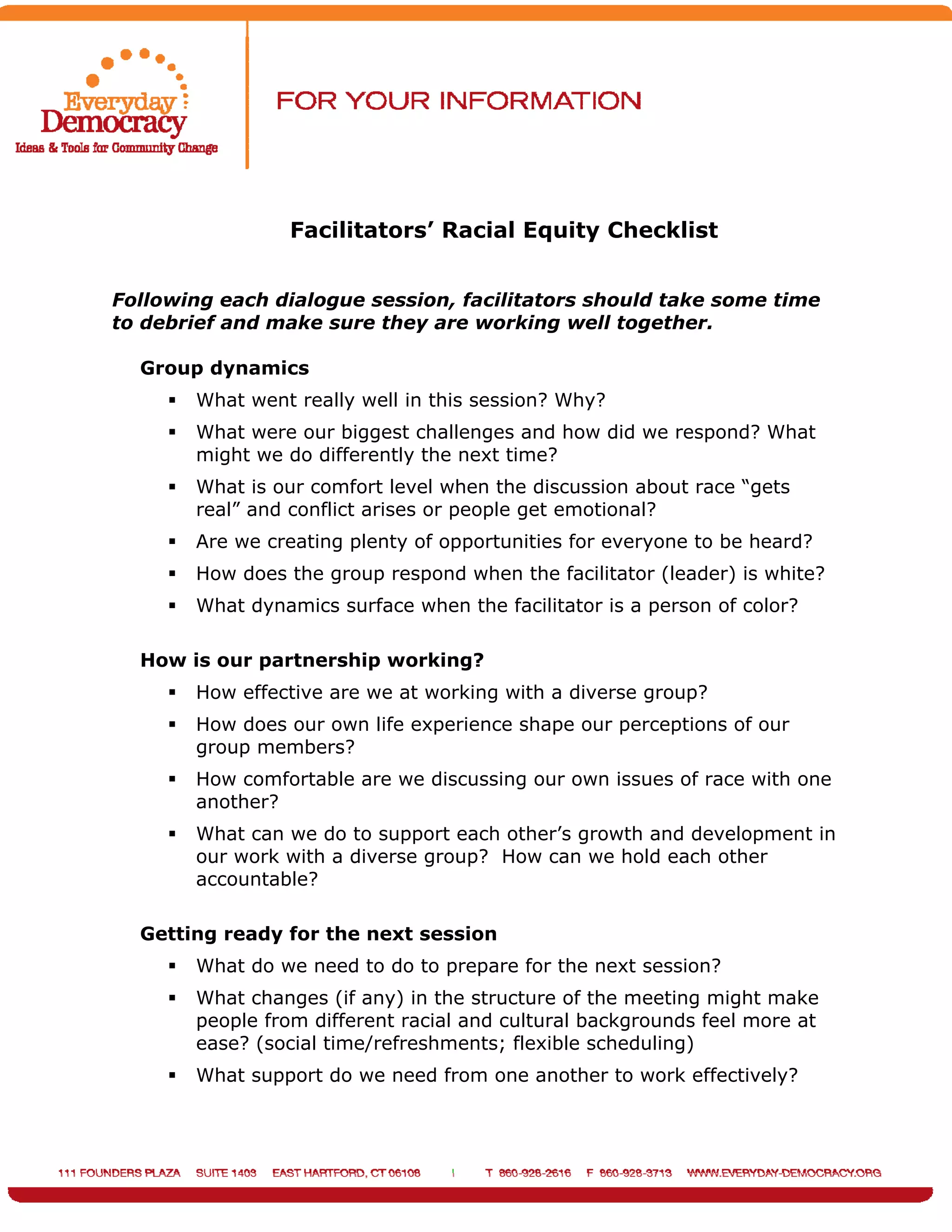 Facilitators’ Racial Equity Checklist | PDF