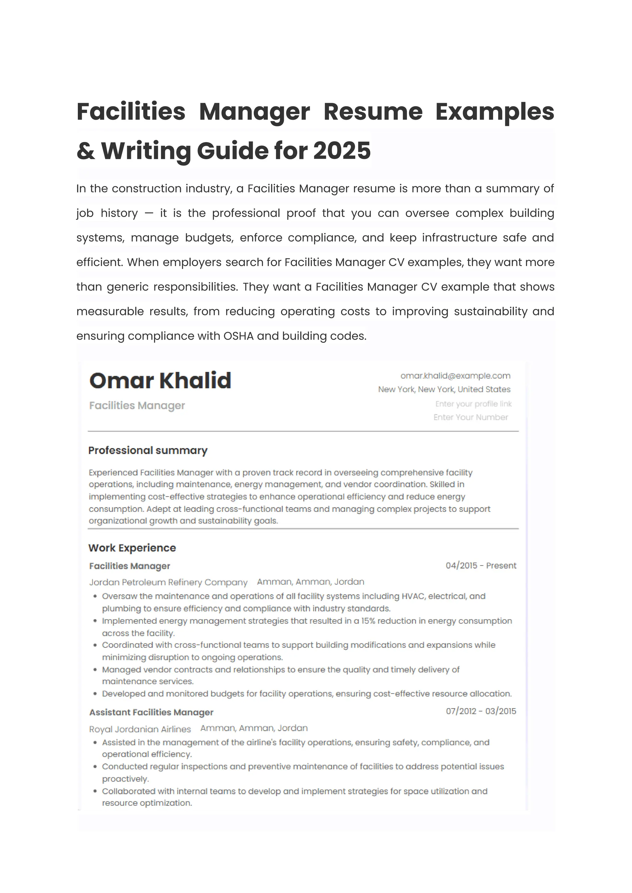 Facilities Manager Resume Examples & Writing Guide for 2025 | PDF