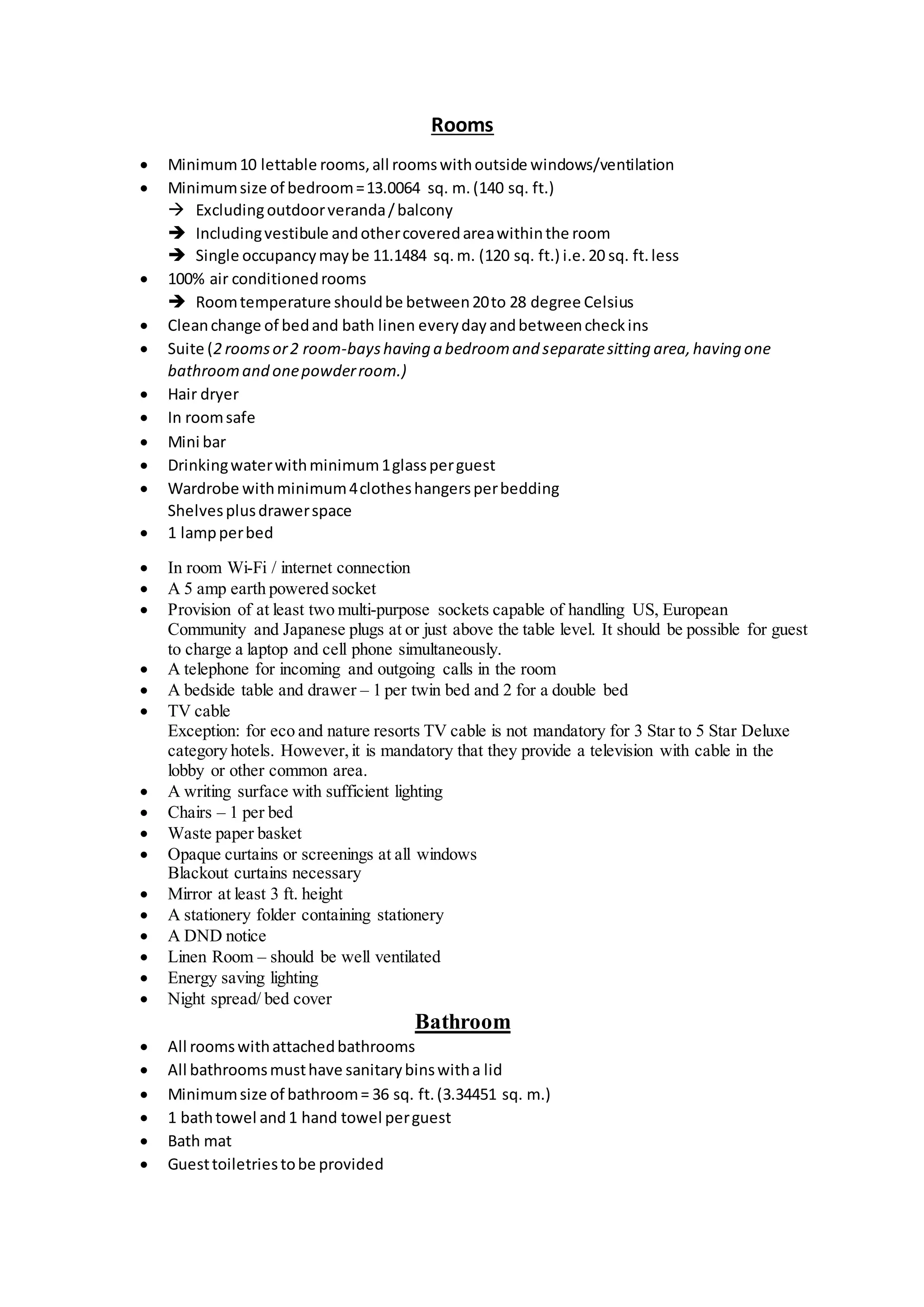 Facilities to be provided in 4 star hotel | DOCX